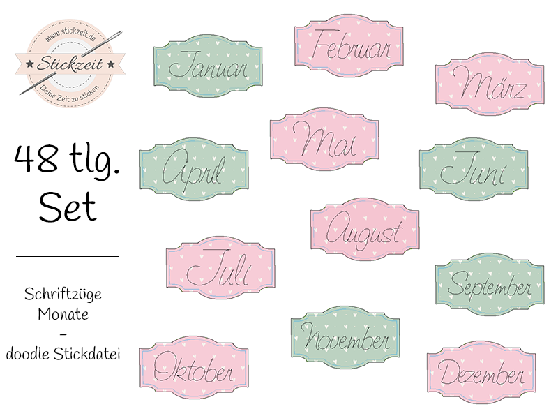 Stickzeit - Schriftzüge Monate - doodle Stickdatei